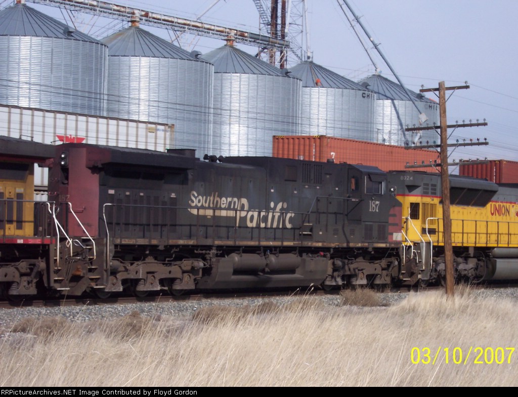SP 187 westbound on UP covered hopper unit train
